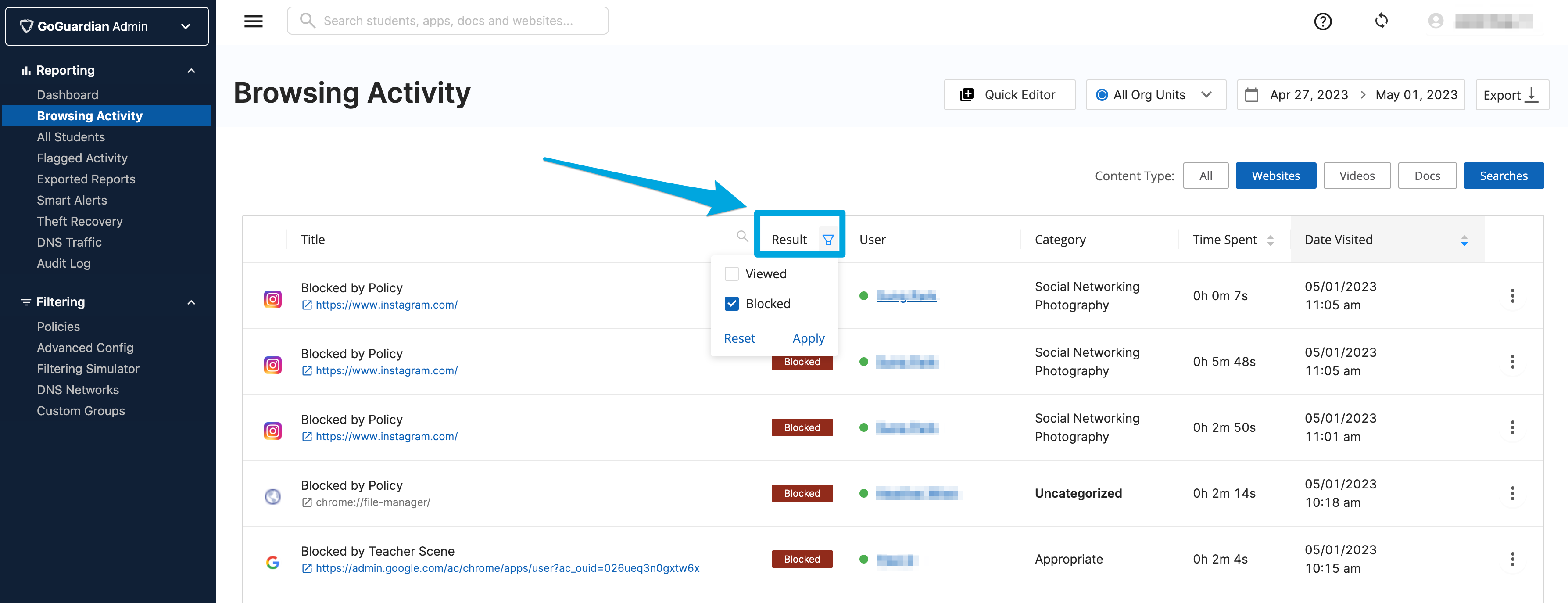 Admin Browsing Activity Page