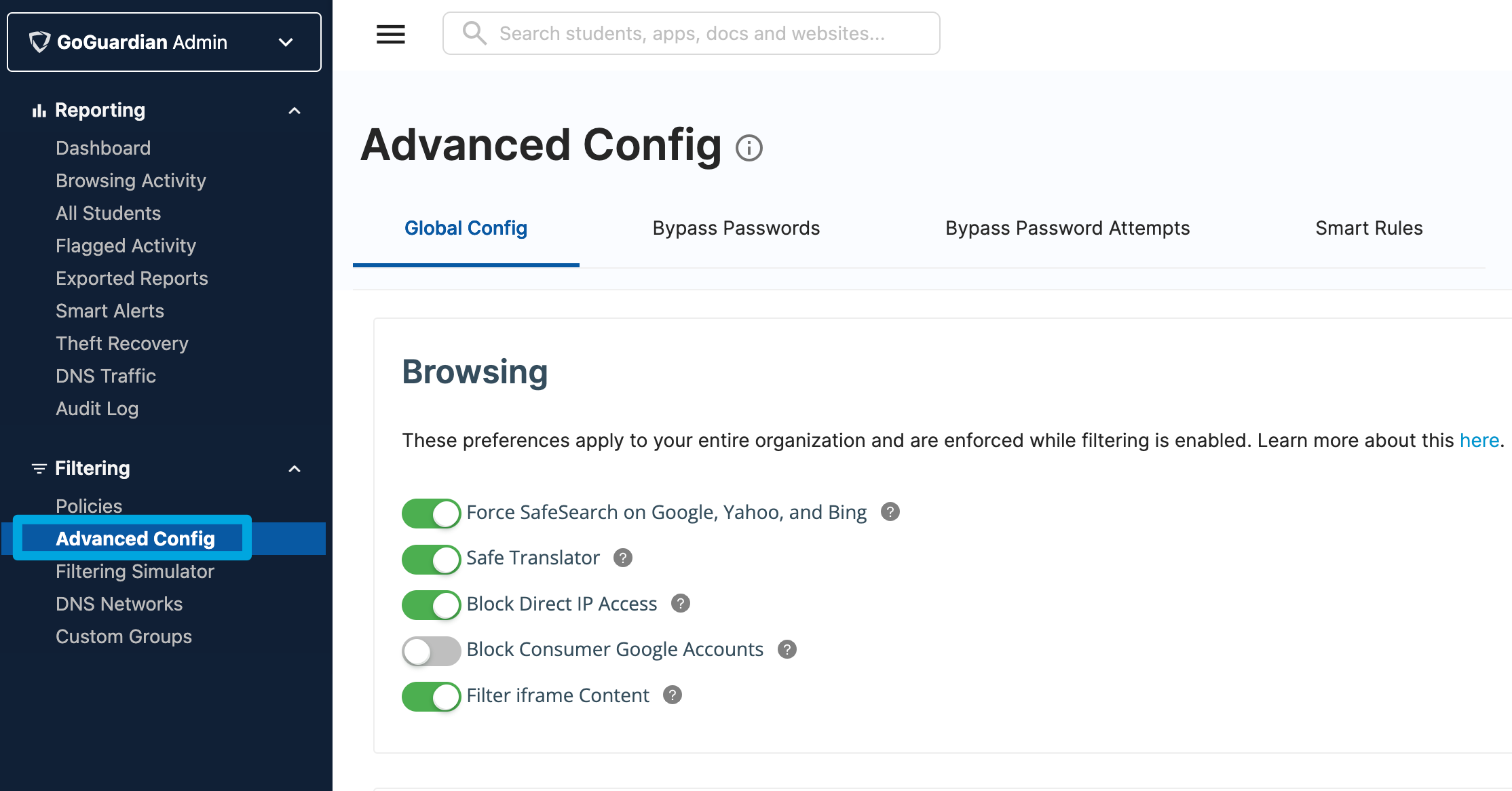 Global Filter Settings